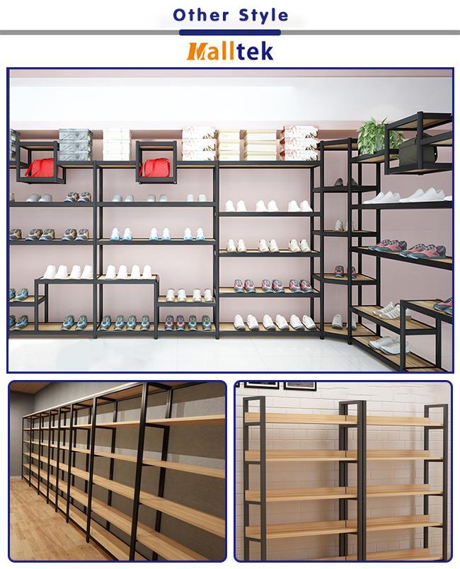 Toko sepatu tahan lama menggunakan rak tampilan baja dan kayu dengan ...